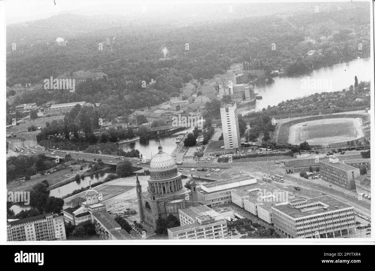 View from above on Potsdam.Lange Brücke, Nikolaikirche,Interhotel ...