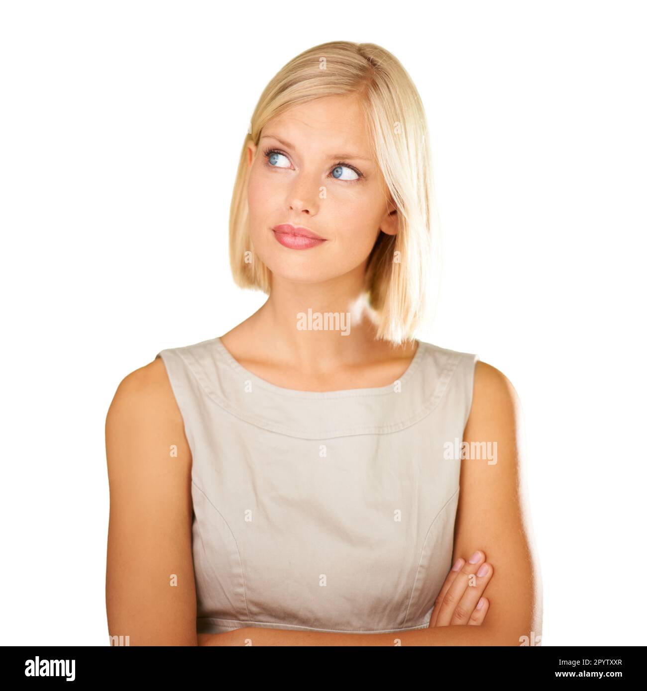 Business woman, face and thinking of idea on transparent background to ...