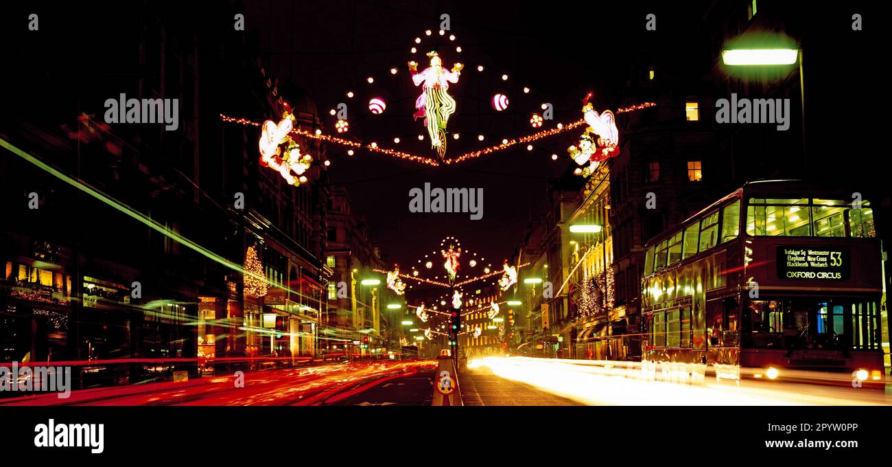 England. London. Regent Street. Christmas lights at night & Double ...