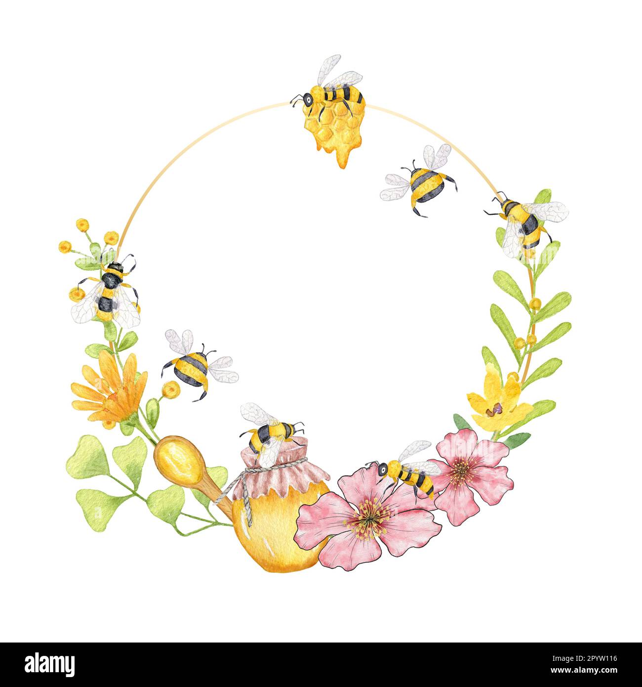 World Honey Bee Day. Watercolor card, banner, poster with Bees, flowers ...