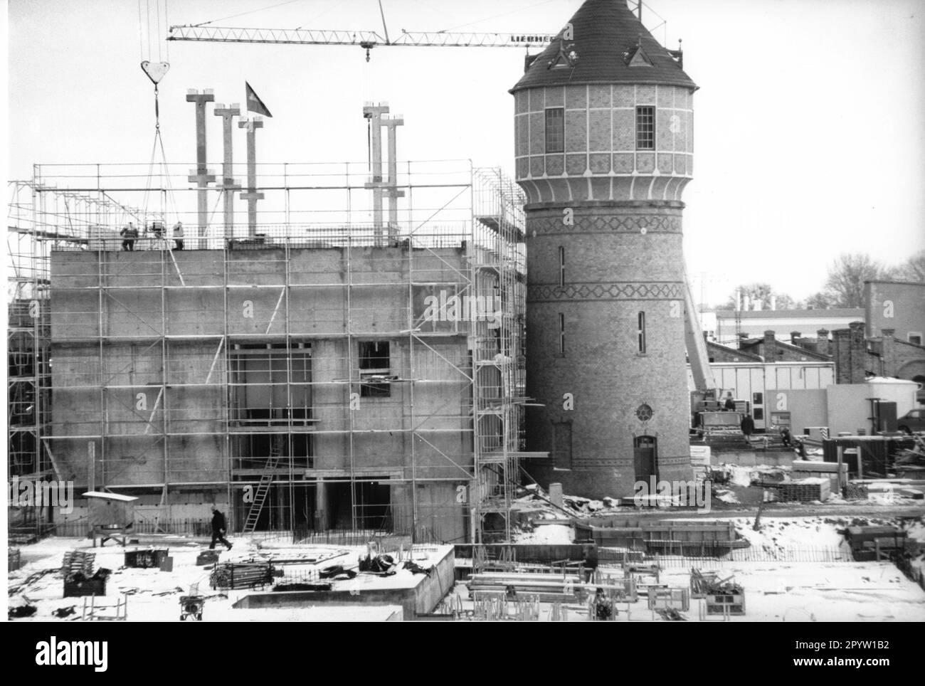 Large construction site Potsdam Center with historic water tower ...