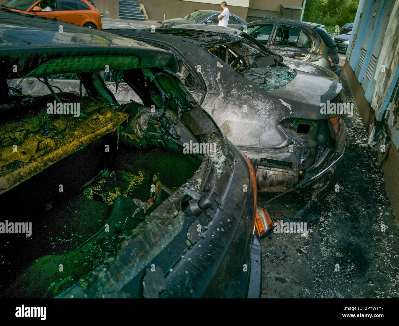 After bombing. Russian army burned cars, dwelling houses and killed ...