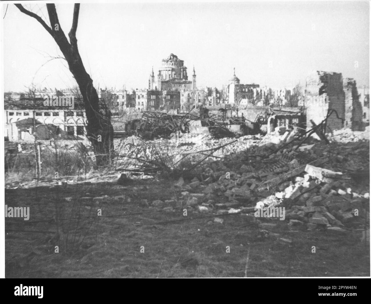 View of the destroyed city palace and Nikolai church on ruins and ...