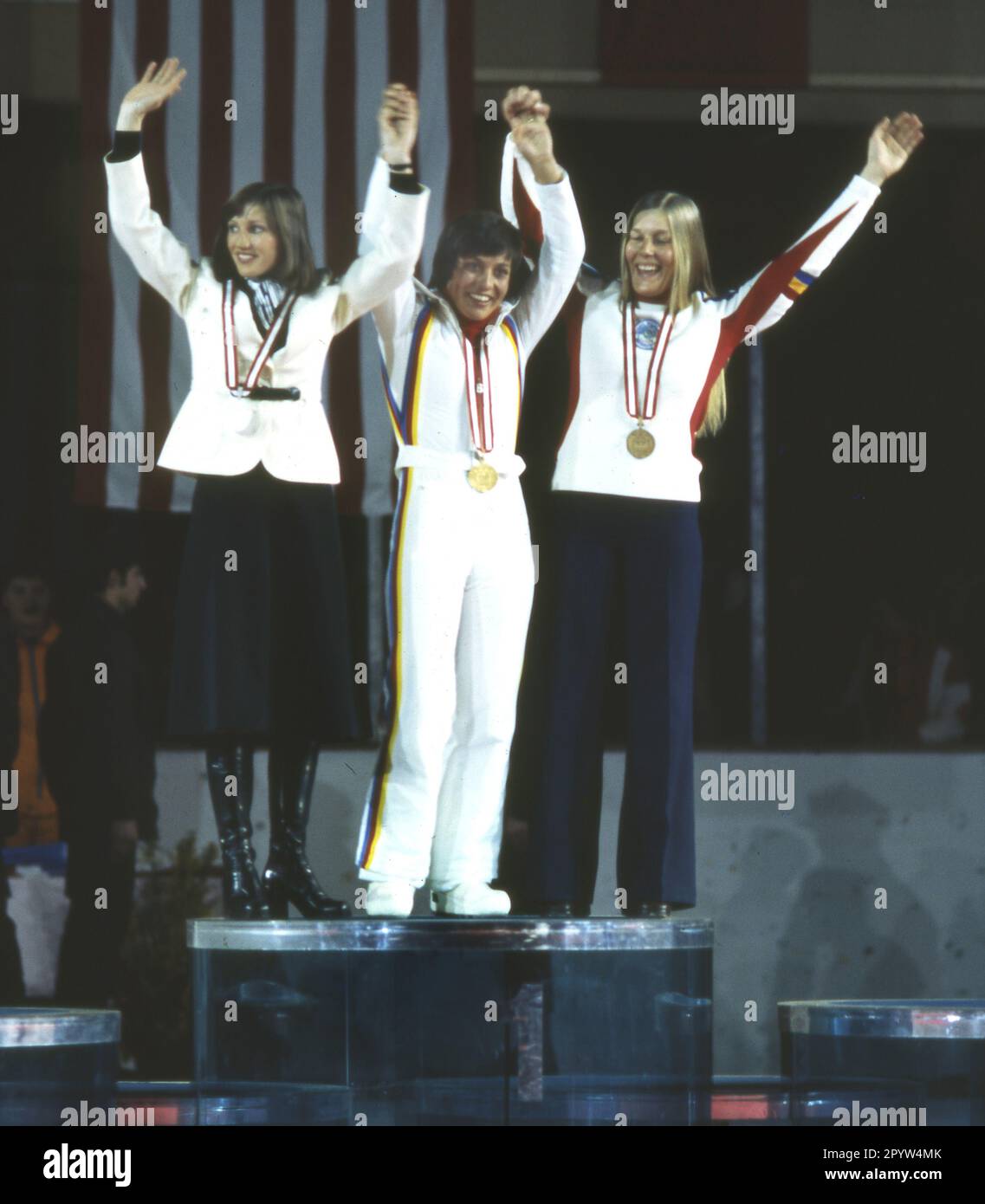 "Olympic Winter Games in Innsbruck 1976. Award ceremony in the downhill race. From left ...