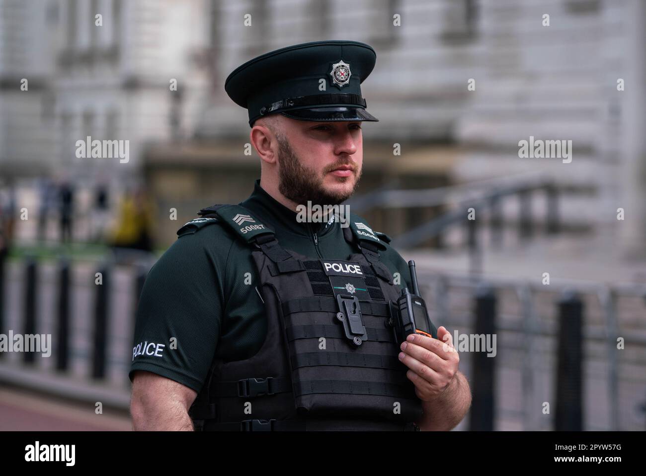 London UK. 5 May 2023. A Northern Ireland Police officer on duty in ...