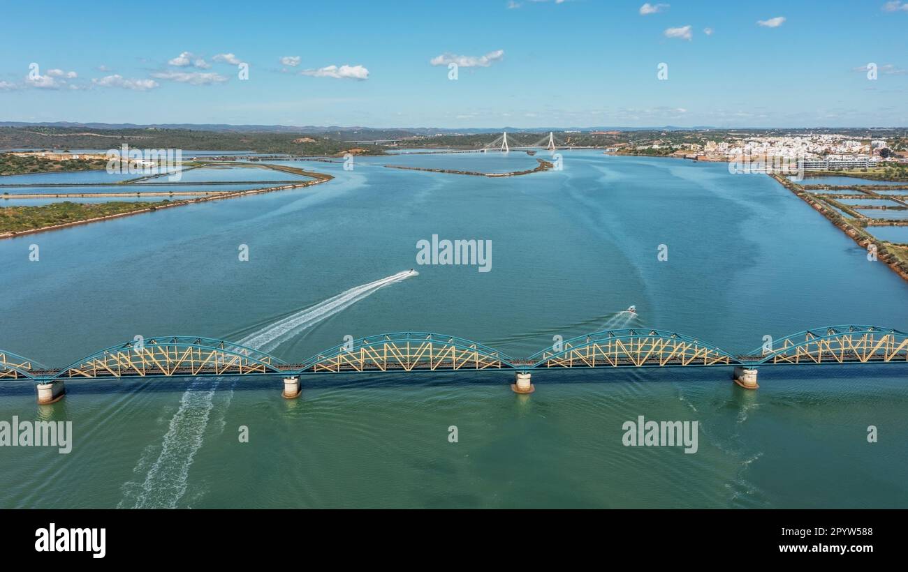 Portuguese bridge over the river Arade the city of Portimao. Ponte ...