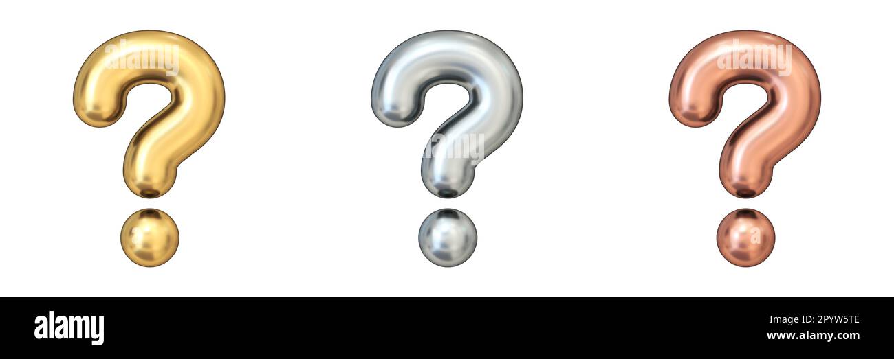 Gold, silver and bronze question marks 3D rendering illustration isolated on white background ...