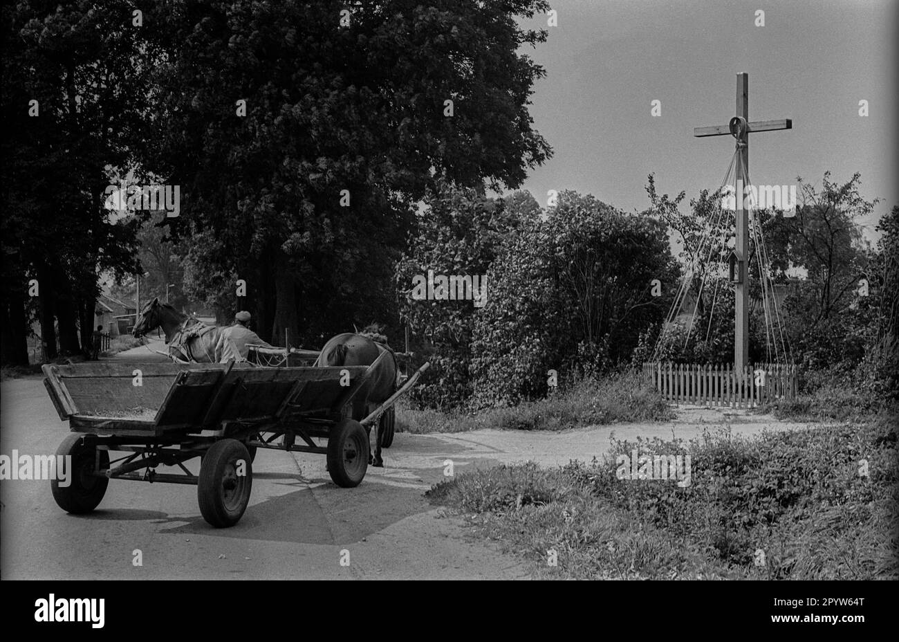 Poland, 18.8.1988, horse carriage and cross in the Masuria, [automated ...