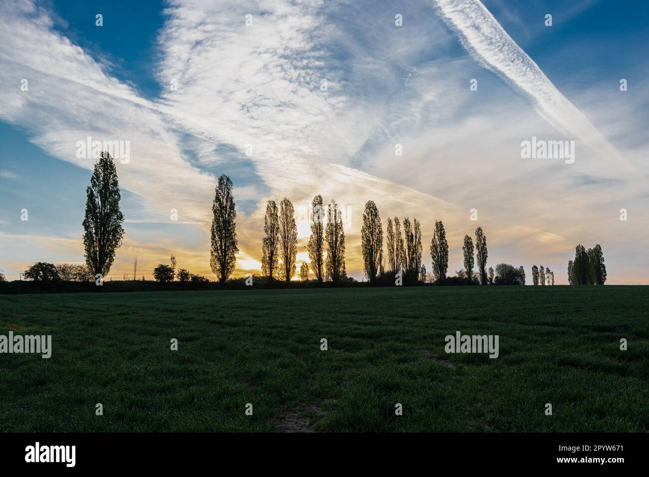 A spectacular sunrise with an amazing colored sky over the rolling ...