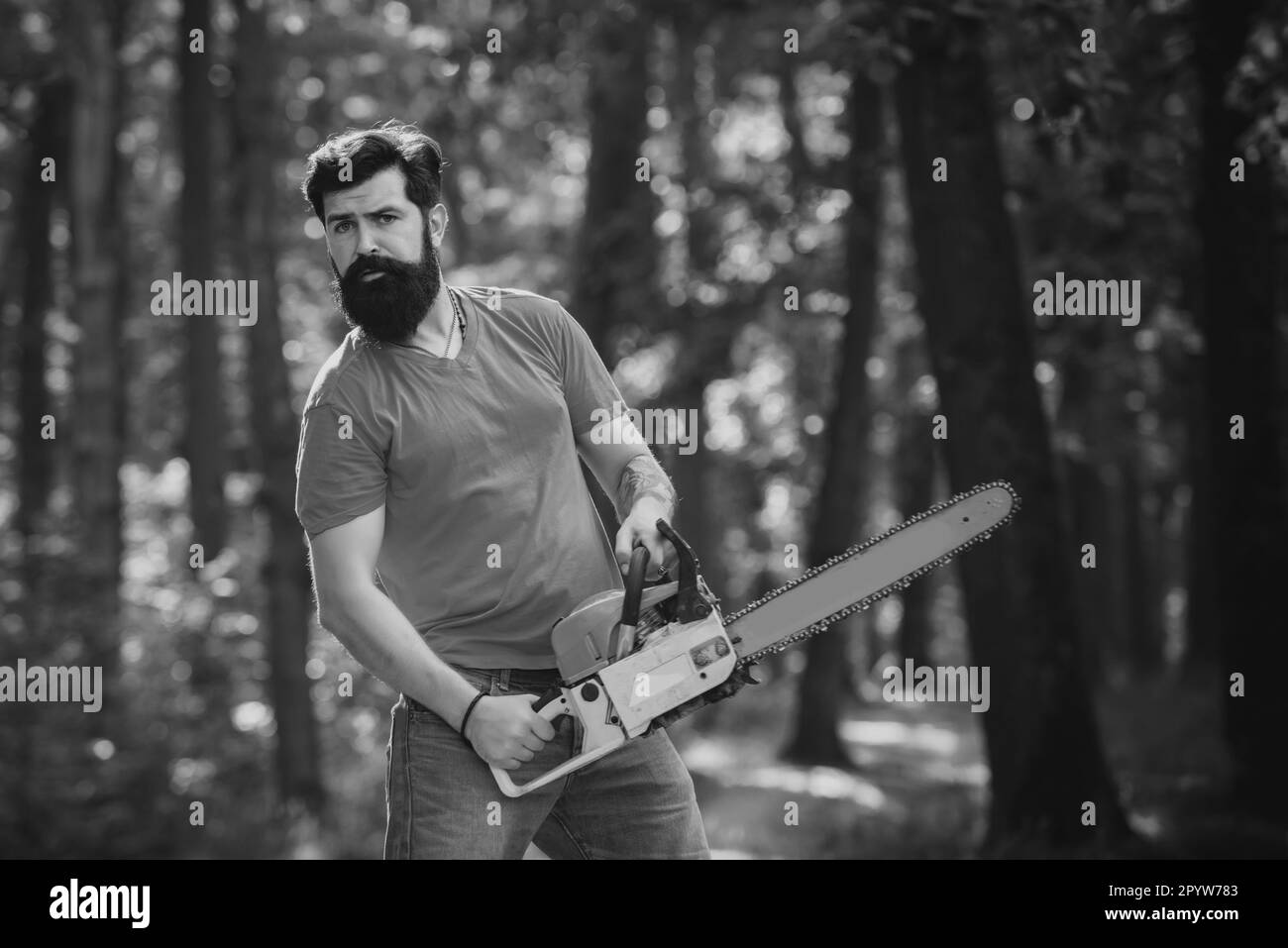Harvest of timber. Lumberjack concept. Stylish young man posing like ...
