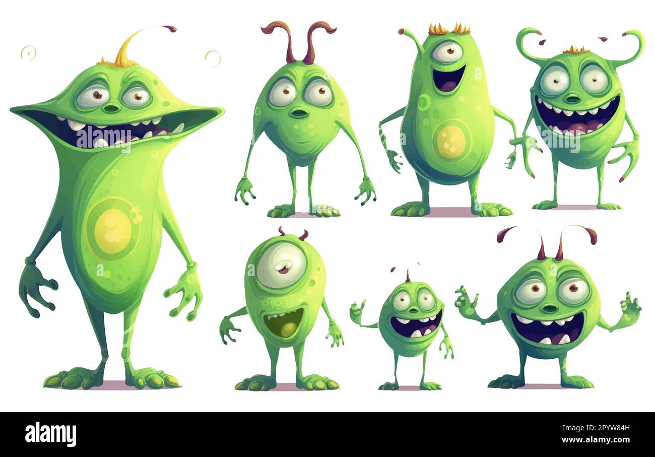 ui set vector illustration of amazed green alien or bacteria isolated ...