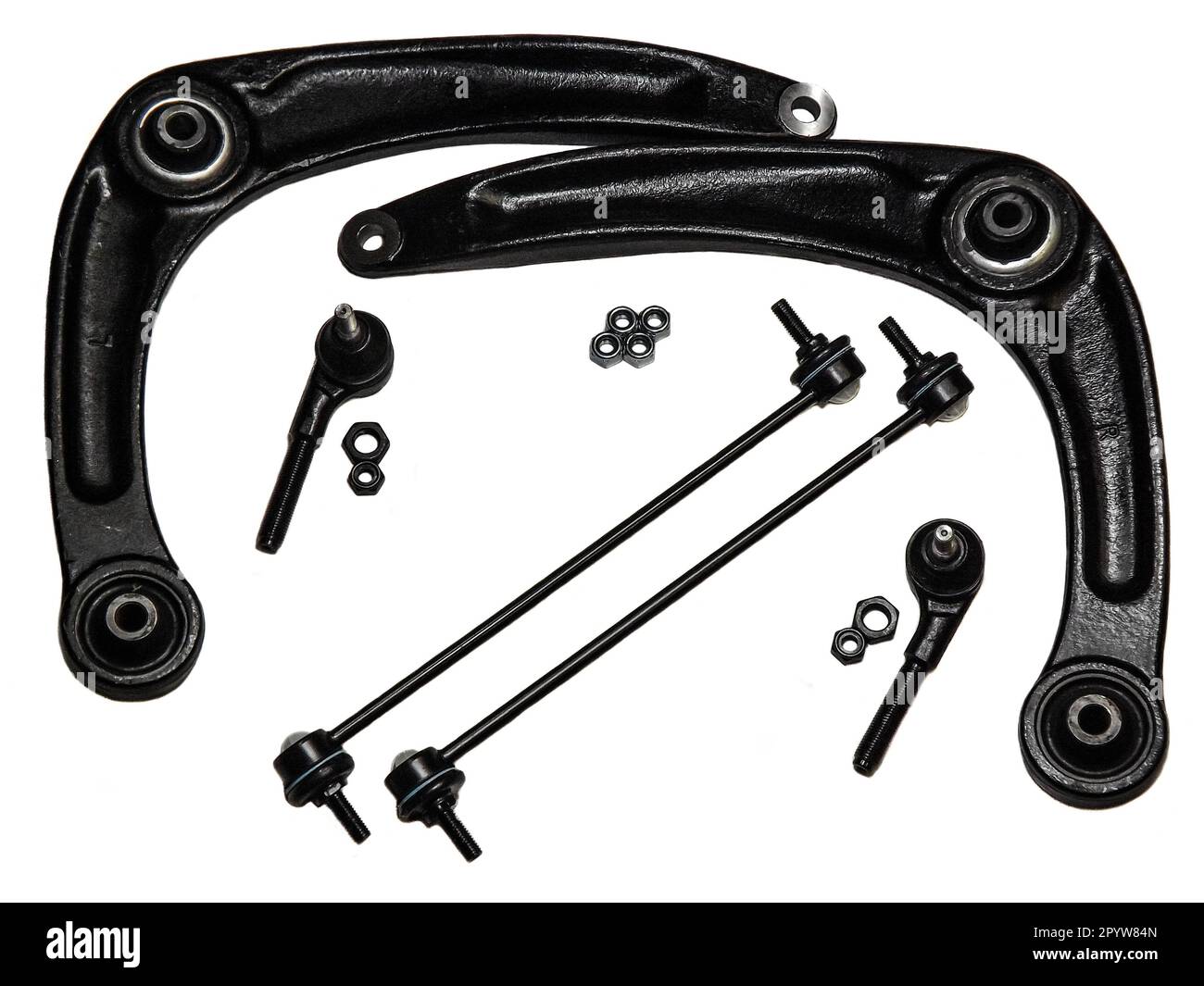 A closeup of the suspensions and tie links of a vehicle on a white ...