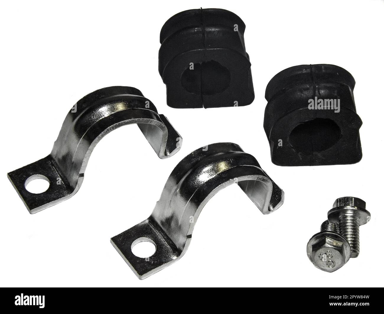 A metal stabilizer bushing and bracket against a white background Stock ...
