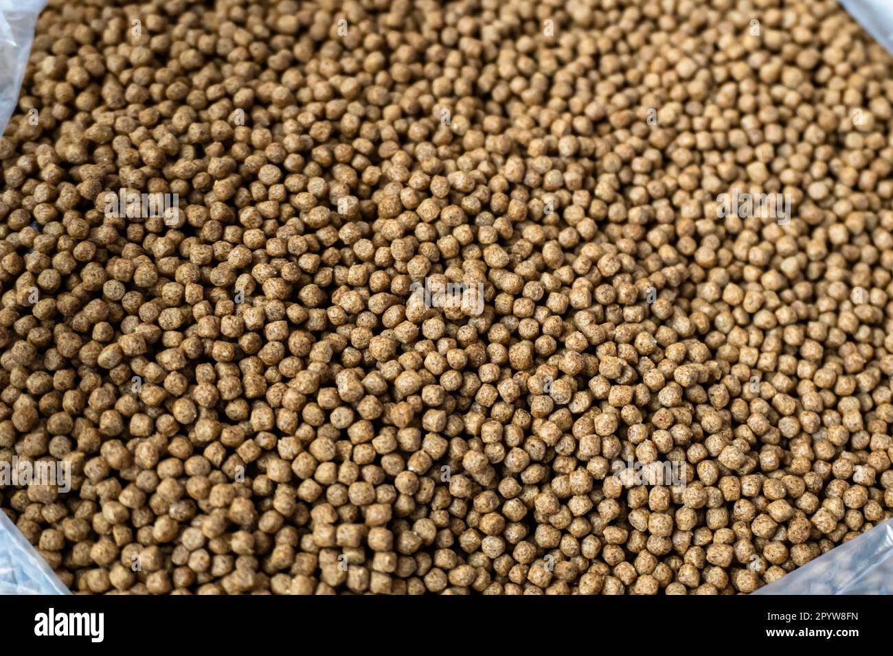 Organic feed for animals in small granules 2023. close up of granulated ...