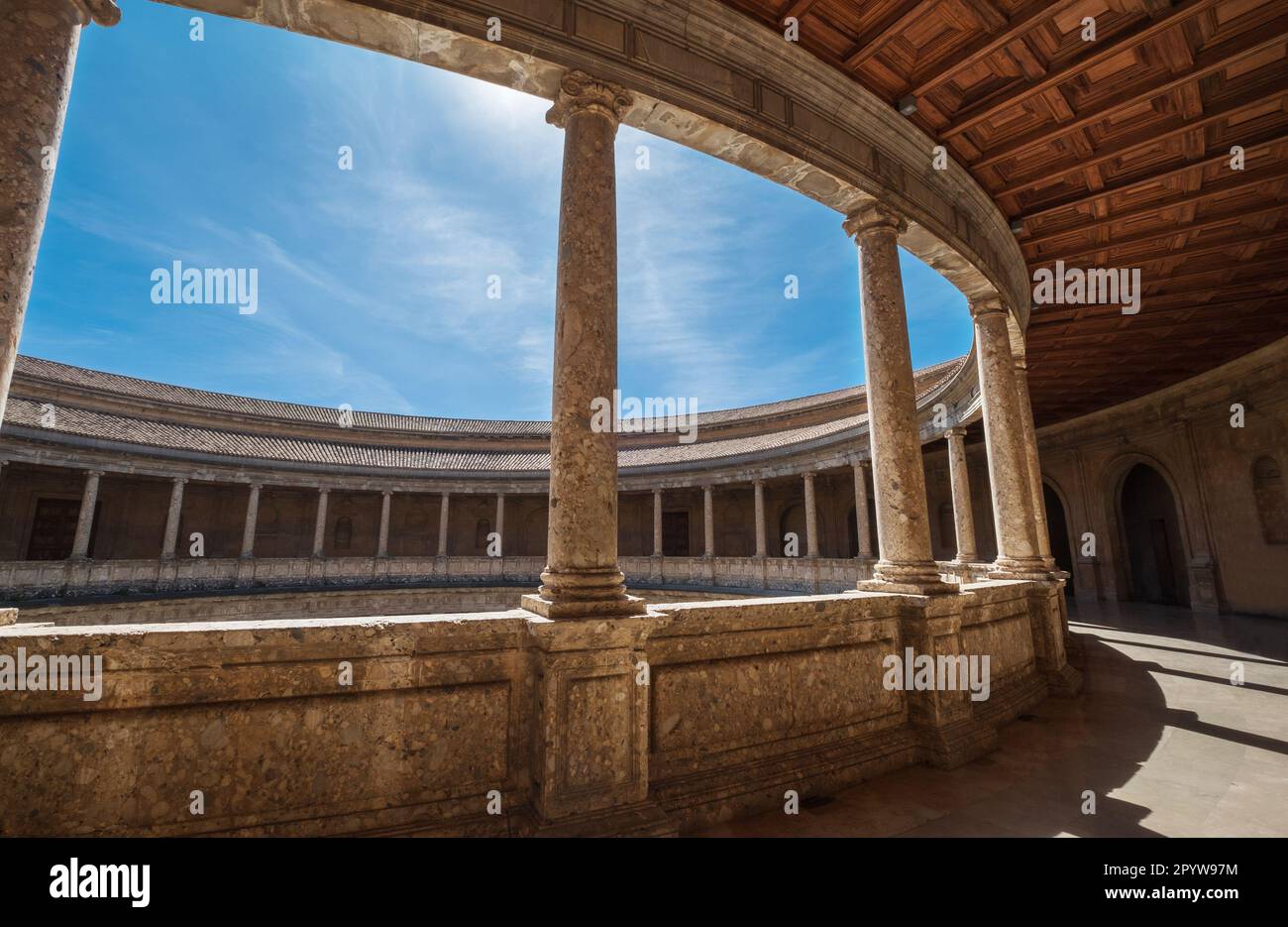 Incredible wide-angle view of galleries with columns in the inner ...