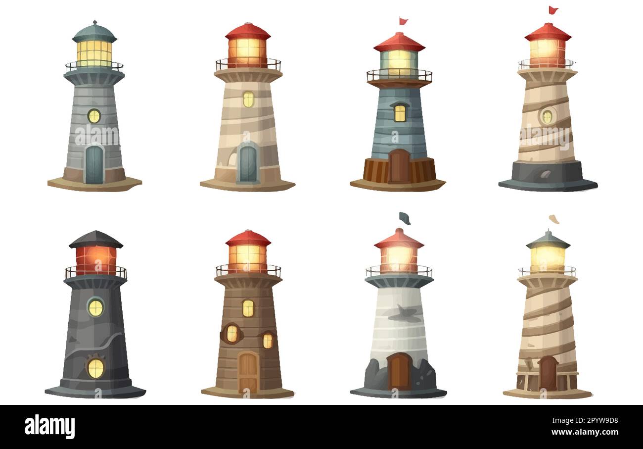ui set vector illustration of lighthouse coastal radar isolated on ...