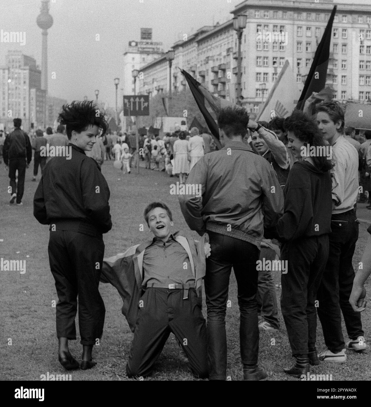 GDR, Berlin, 01.05.1987, 1. May rally 1987 on the Karl-Marx-Allee, young people (punks ...