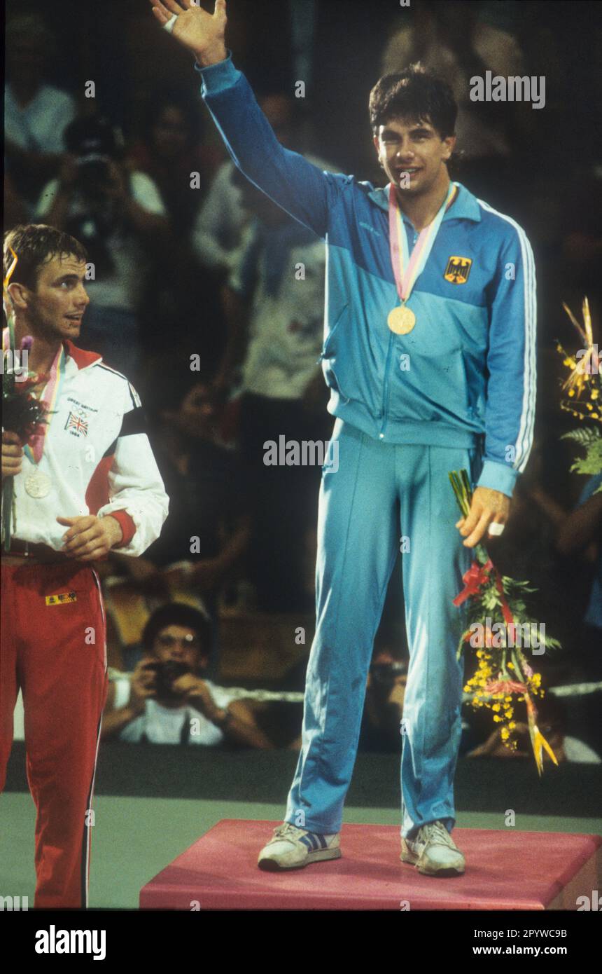 Olympic Games 1984 in Los Angeles. Judo: Victory ceremony half ...