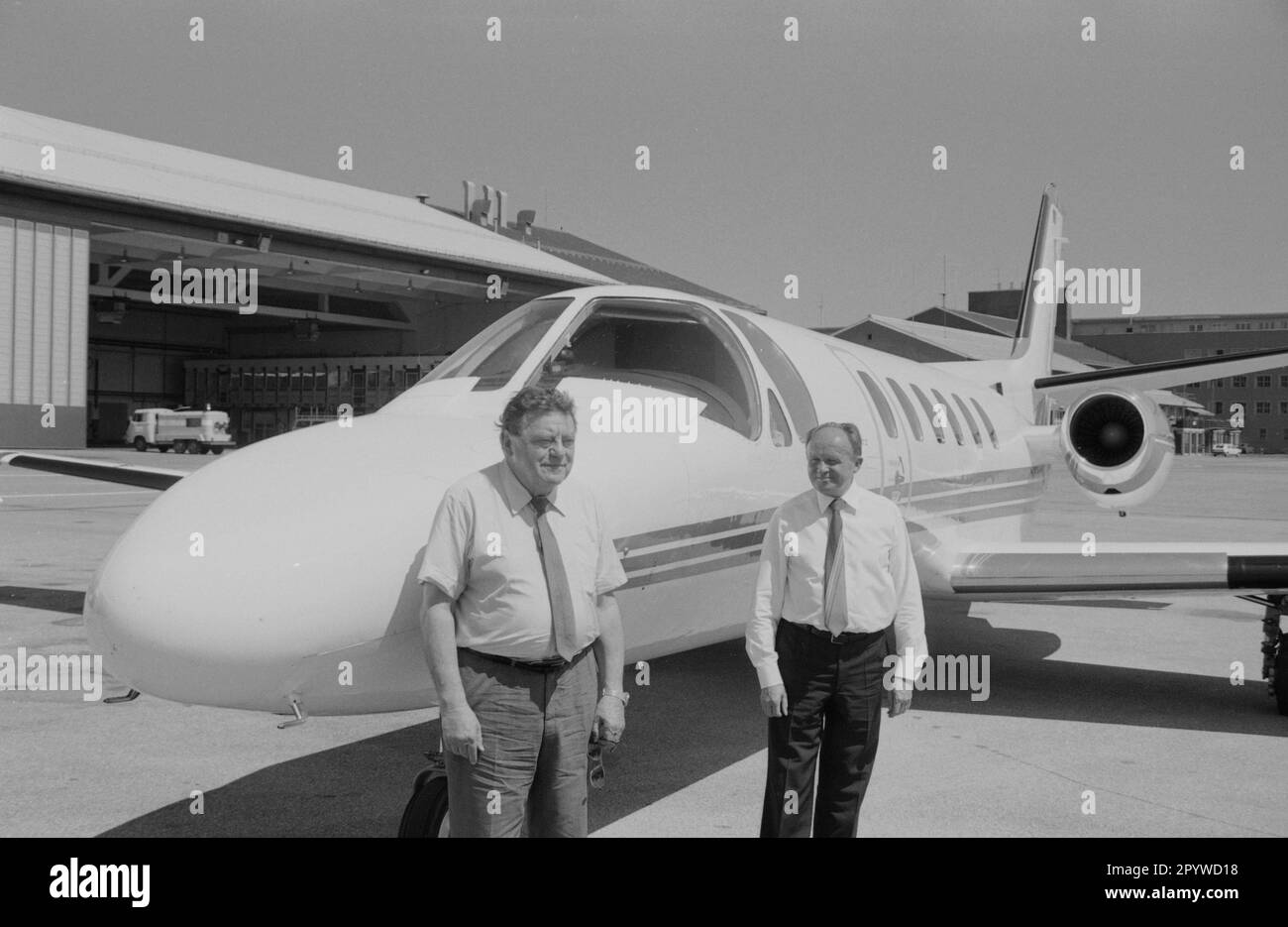 Franz Josef Strauß at his plane, a Cesna Citation II aircraft. On the ...