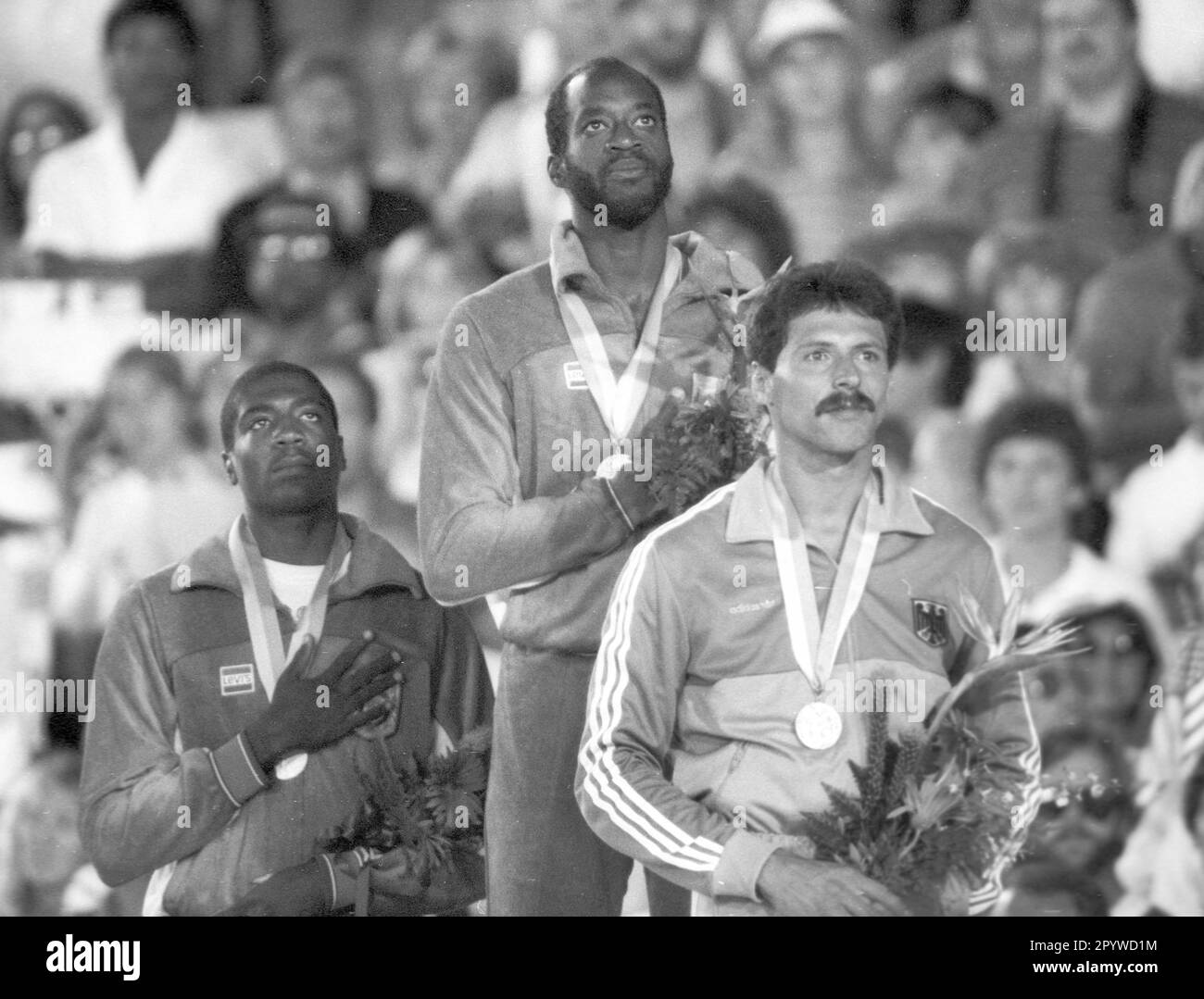 Olympic Games 1984 in Los Angeles. Award ceremony 400m hurdles: Edwin ...