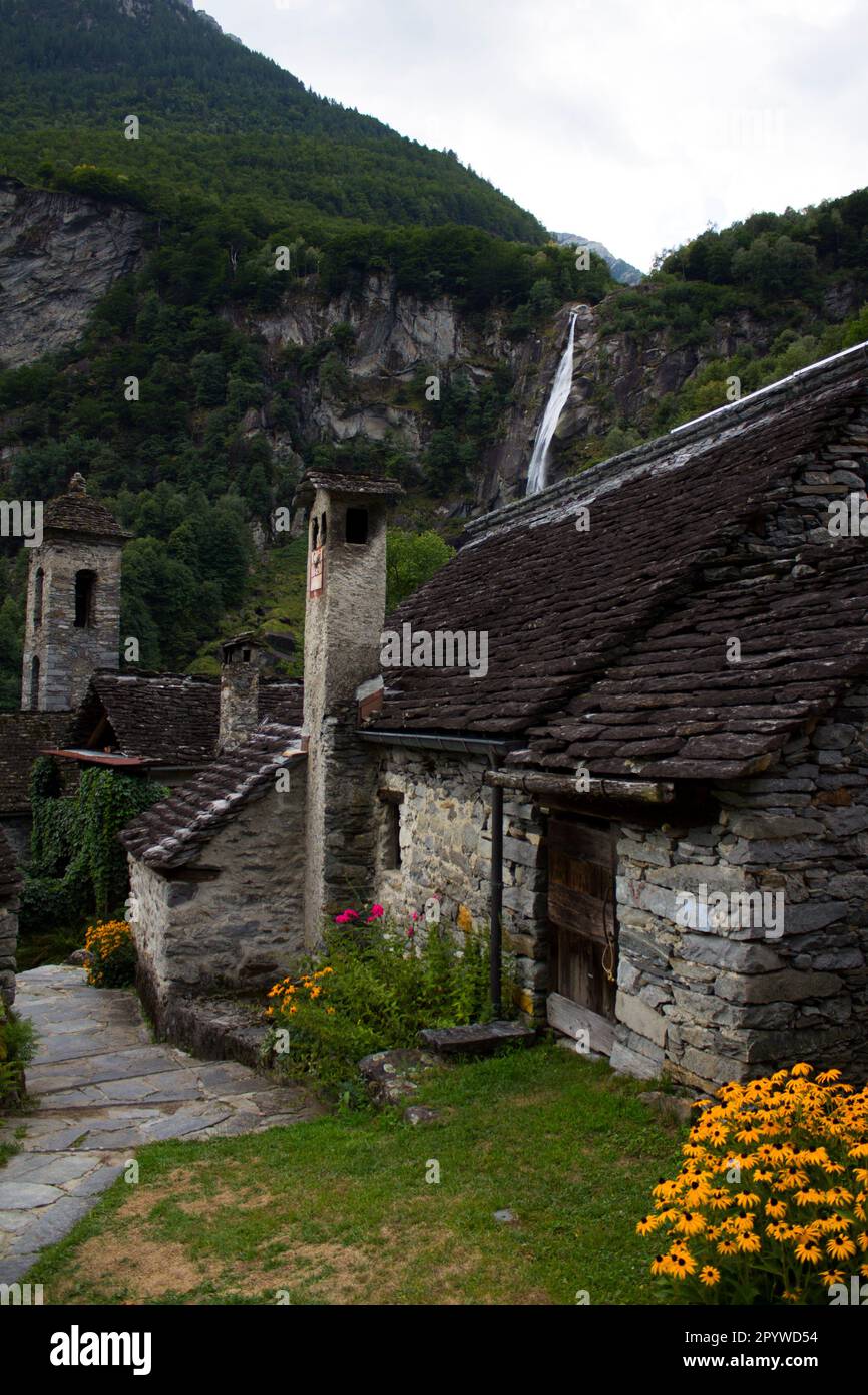 Ancient Stone Houses in Ticino and waterfall Stock Photo - Alamy