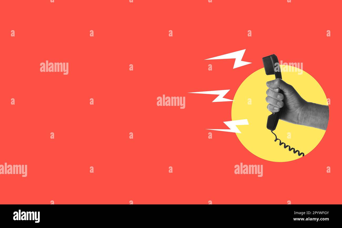 Art collage showing the figure of a cable phone caller isolated red ...