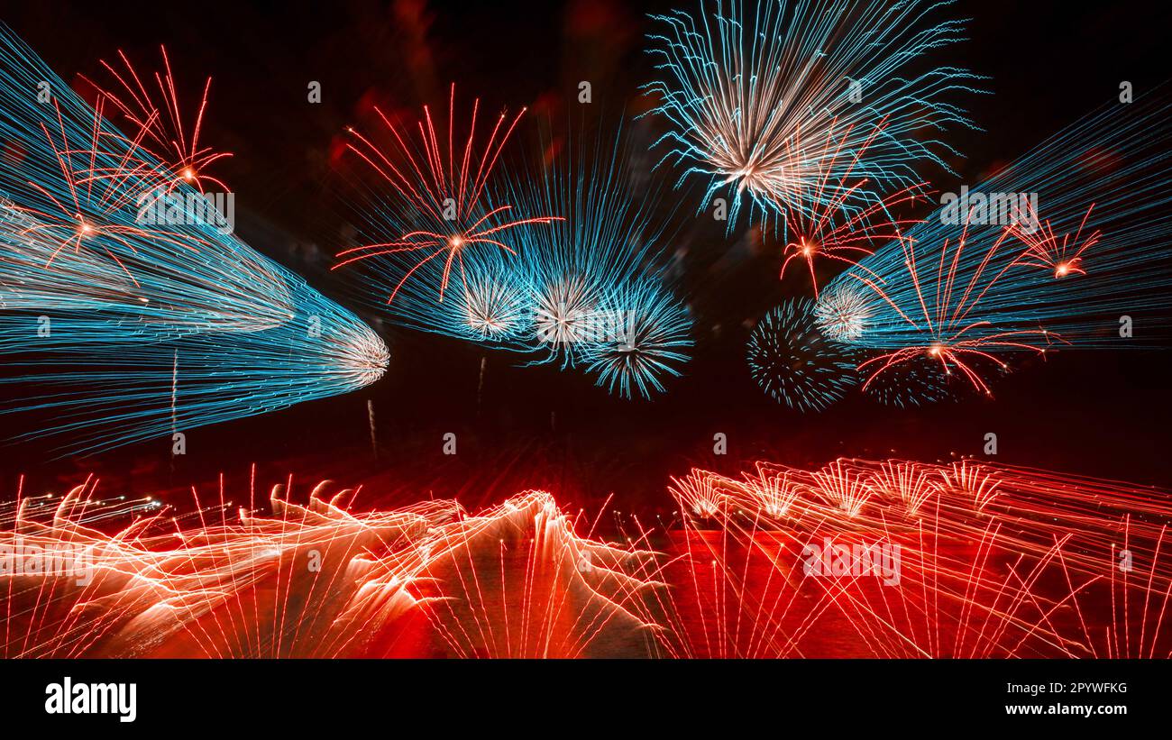 DALIAN, CHINA - MAY 1, 2023 - Fireworks show over the cross sea bridge ...