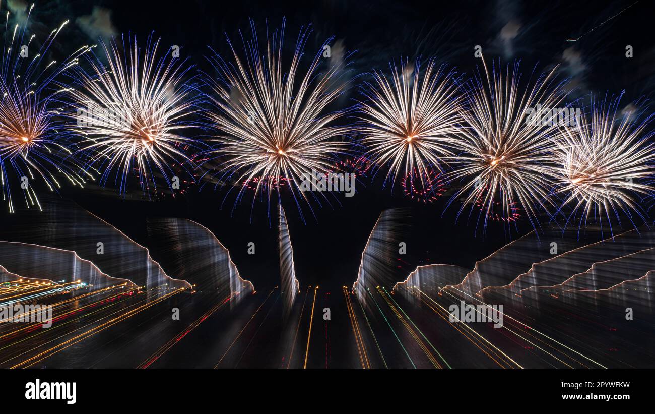 DALIAN, CHINA - MAY 1, 2023 - Fireworks show over the cross sea bridge ...