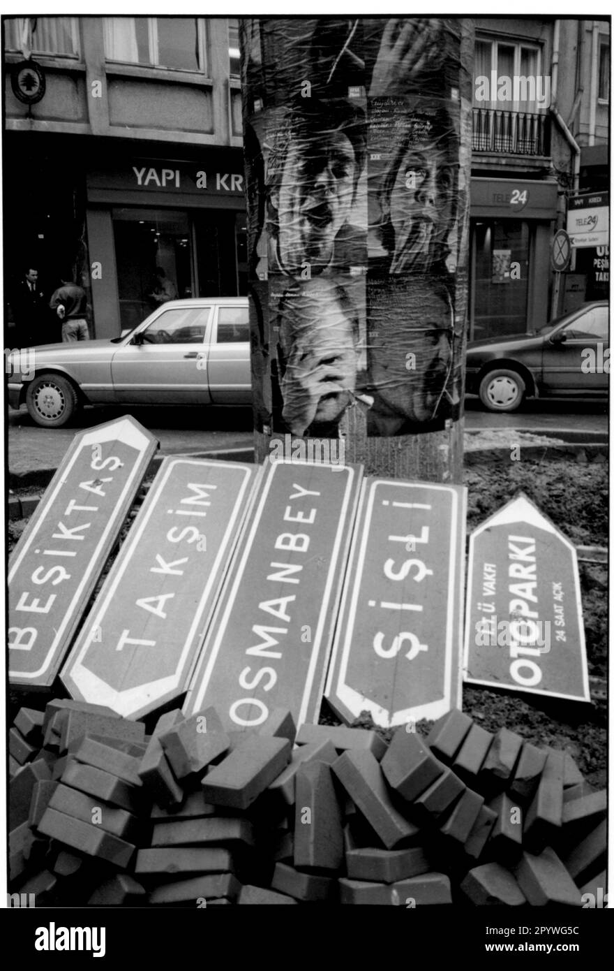 Istanbul (Turkey). Road construction. Road signs are on the road at a ...