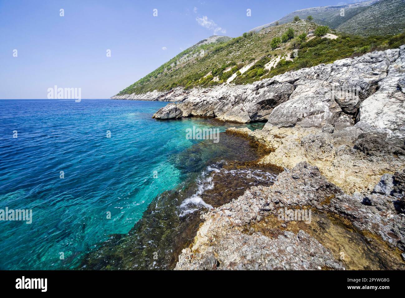 Beach near Palase, Ionian Sea, rocky coast and turquoise water, Palase, Vlora Qark, Albania ...