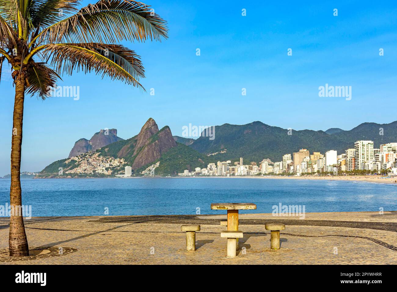 View of Ipanema beach in Rio de Janeiro on a summer morning with rocks ...