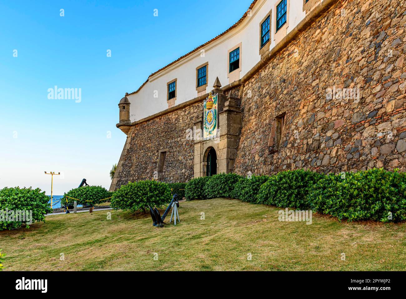 Facade of the old and historic fort and Barra lighthouse at afternoon ...