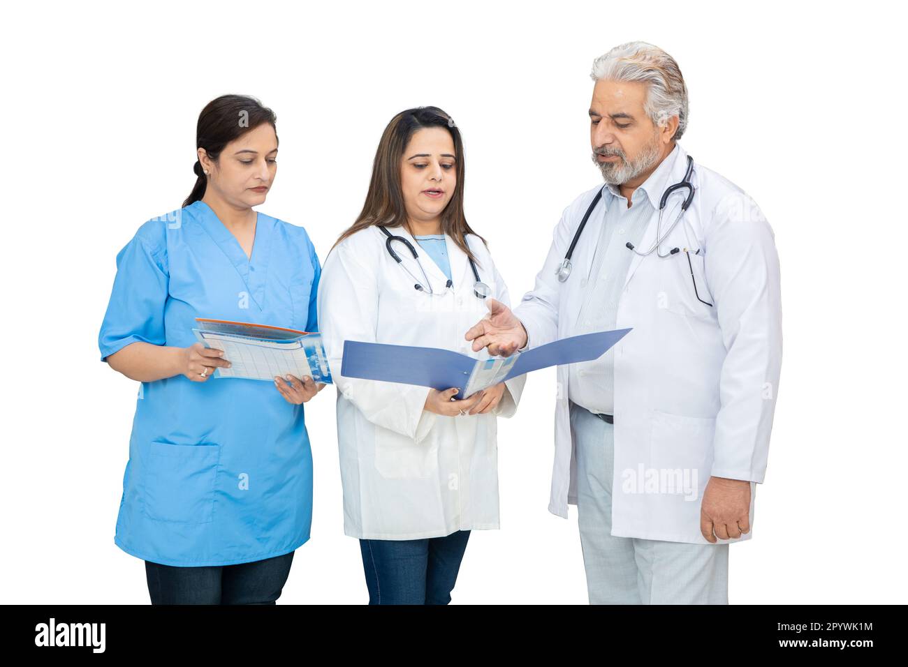 Indian doctor and medical staff discussing medical report isolated over ...