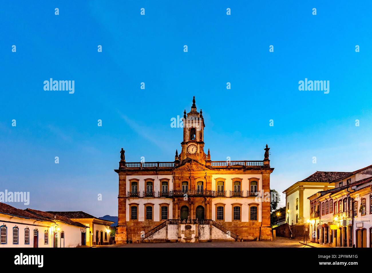 Ouro Preto central square with its historic buildings, houses and ...