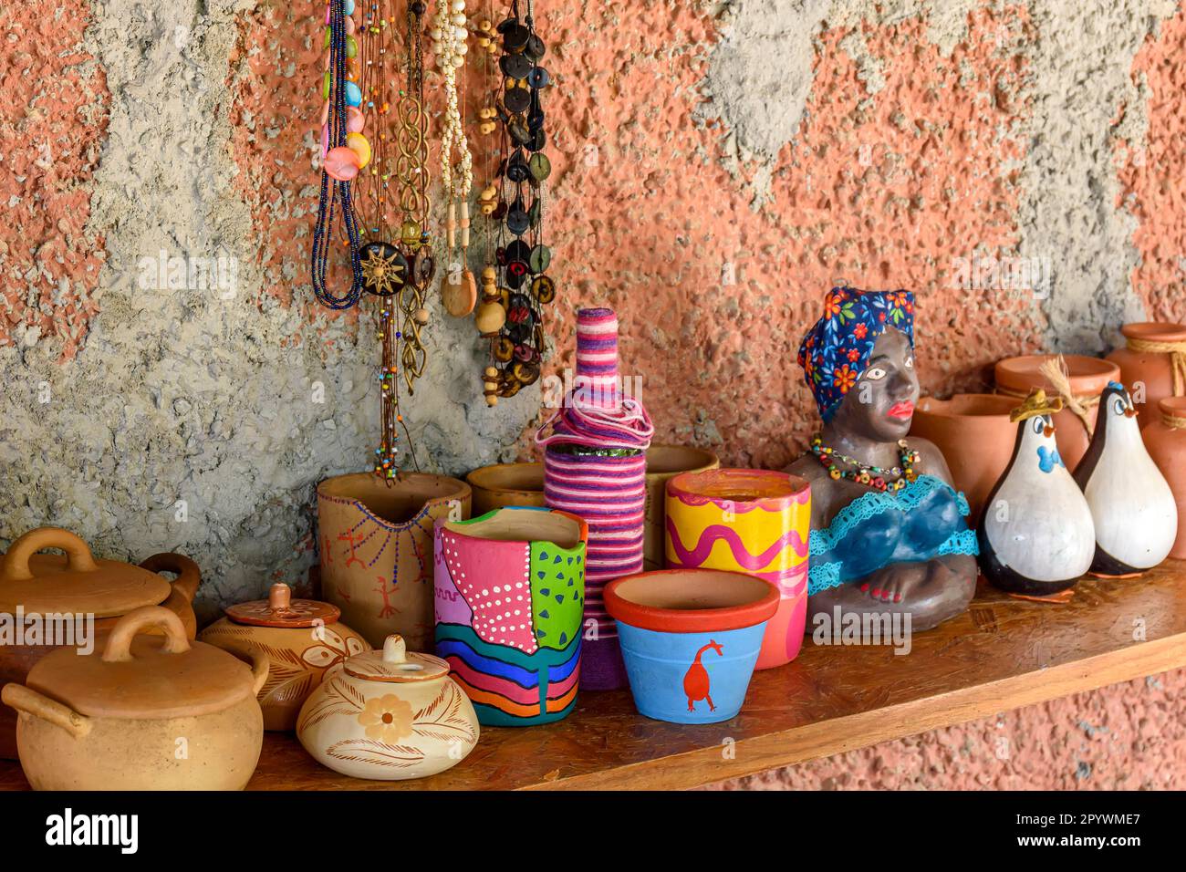 Typical Brazilian clay crafts painted in bright colors in the state of ...