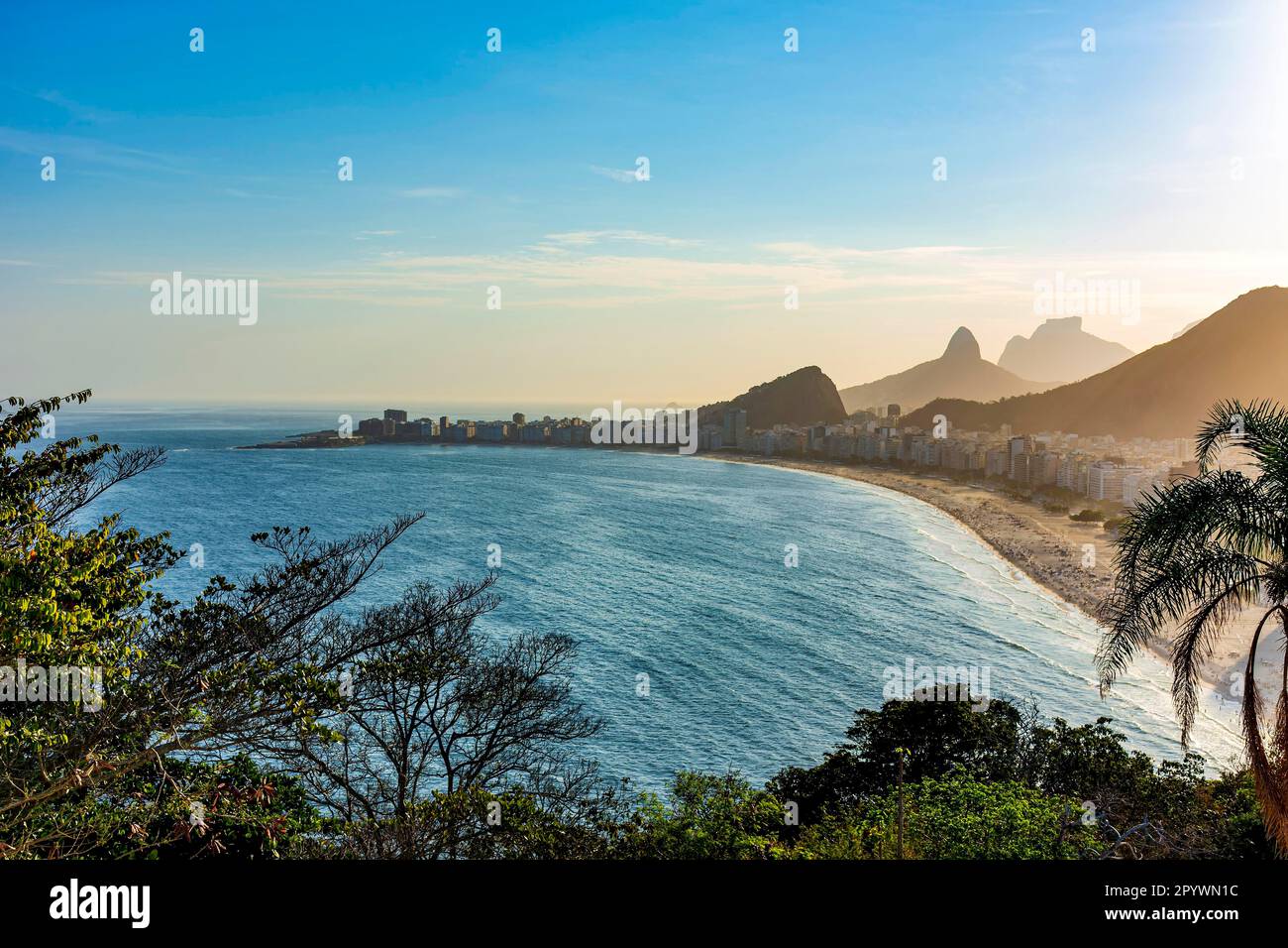 Copacabana beach and Rio de Janeiro mountains seen from above during ...