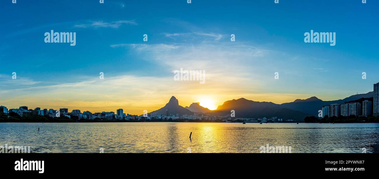 Panoramic photograph of Rodrifgo de Freitas lagoon during sunset with ...