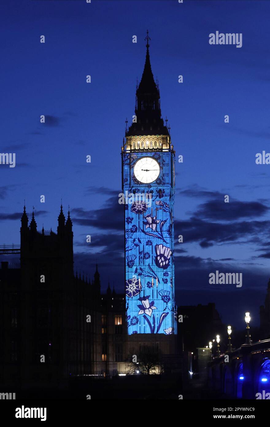 Big Ben illuminated with various decorations, on May 5, 2023, in London ...