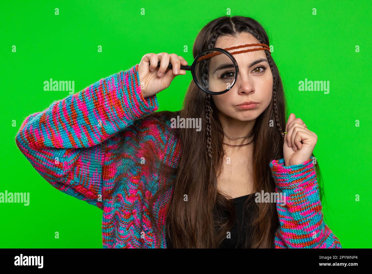 Investigator researcher scientist woman holding magnifying glass near ...