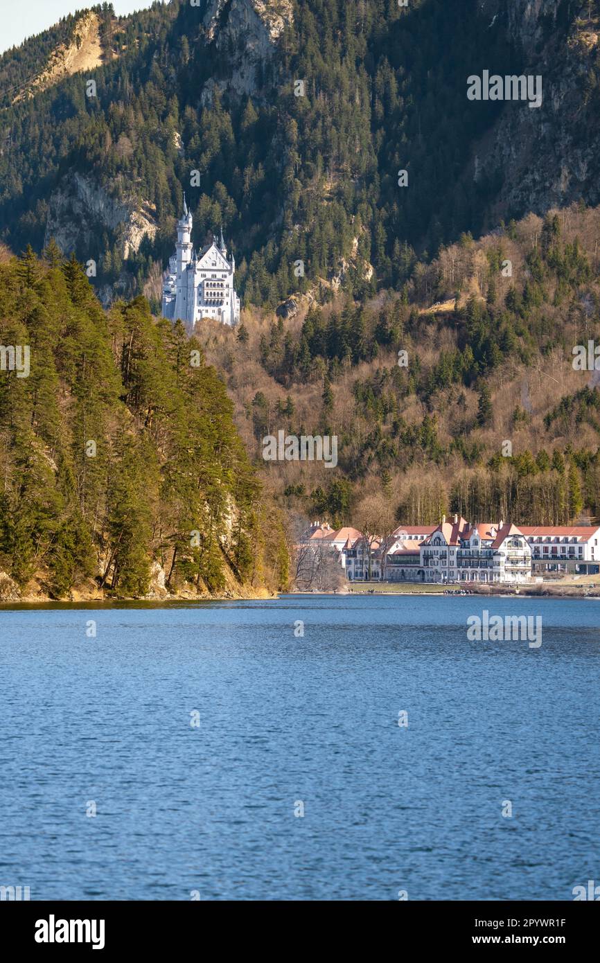 View of Neuschwanstein Castle over the lake, Alpsee, Bavaria, Allgaeu ...