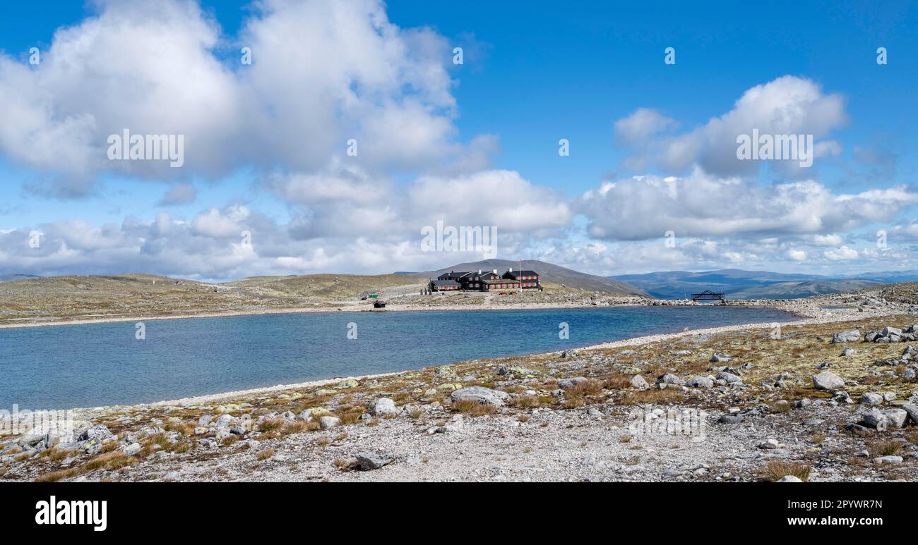 Snoheim mountain hut by a mountain lake, tundra, fells, barren ...