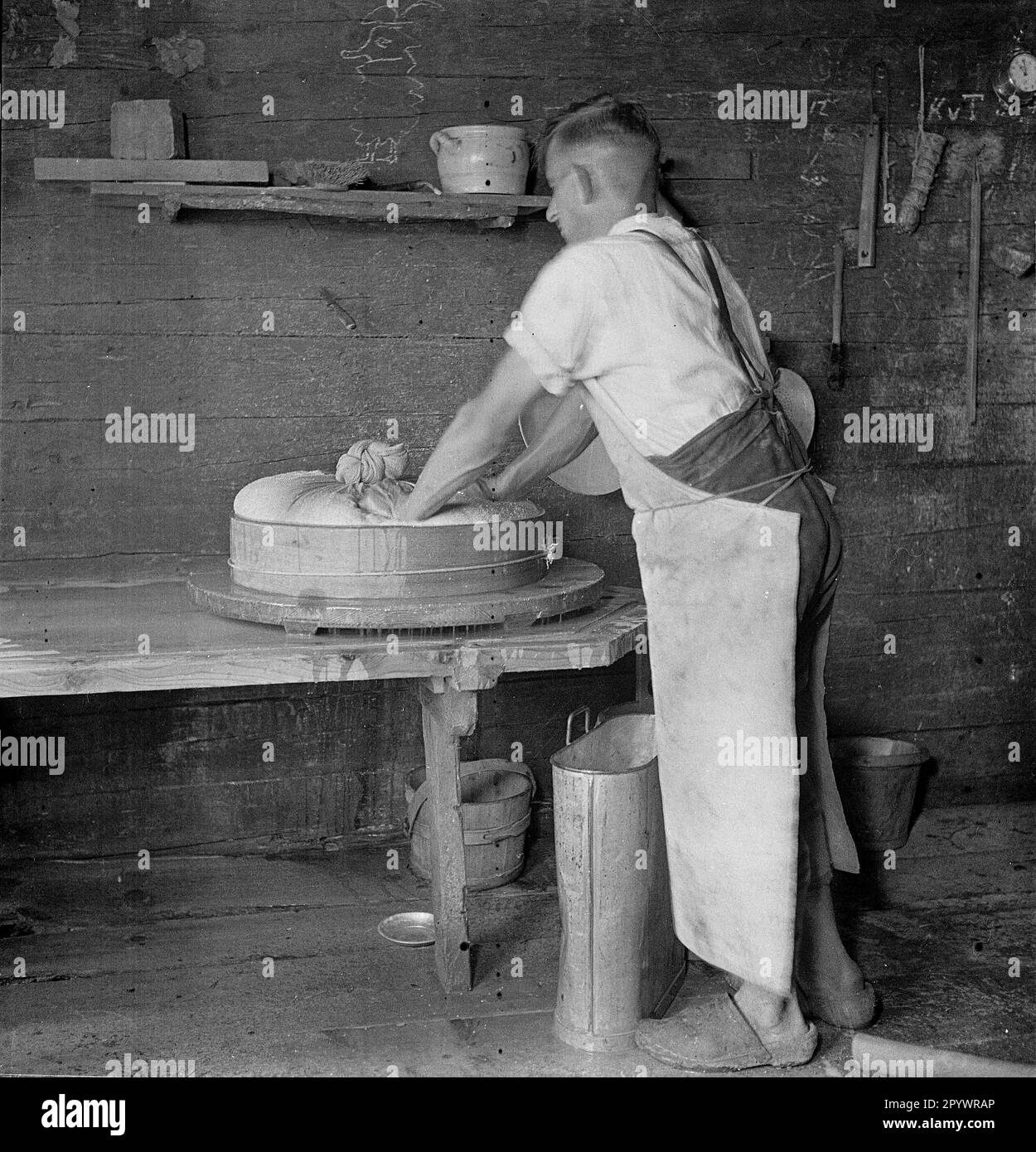 "Pressing out the whey during cheese production. By pressing, the whey ...