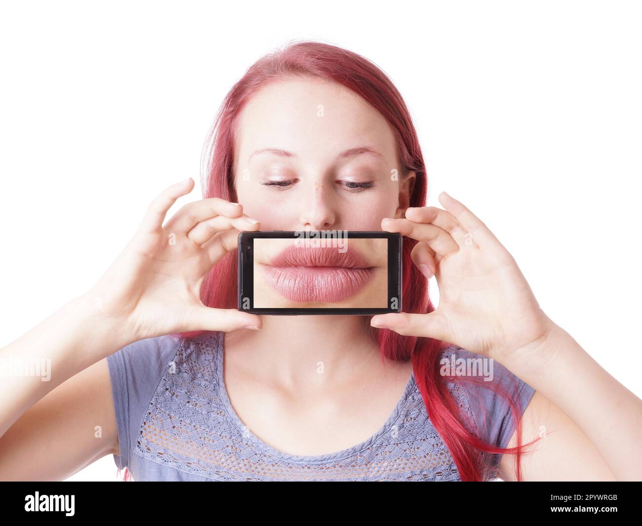 young woman messing around with camera phone taking picture of her own lips Stock Photo - Alamy