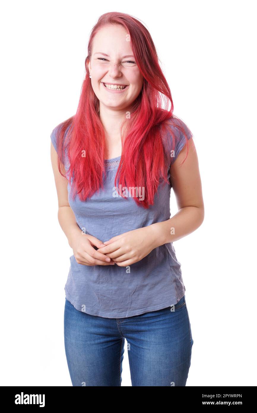 happy young woman cracking up laughing Stock Photo - Alamy