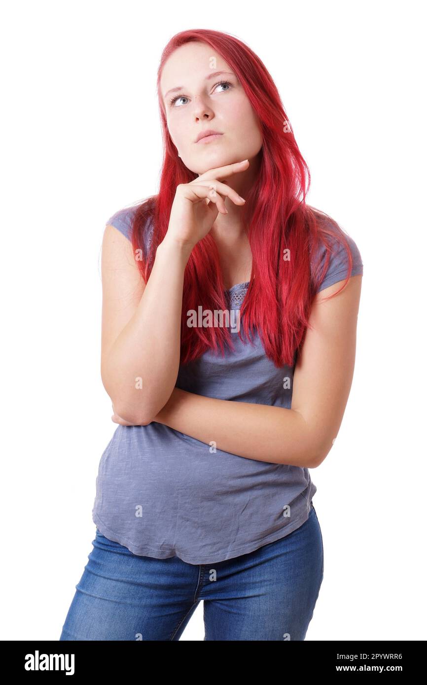 young woman looking up thinking Stock Photo - Alamy