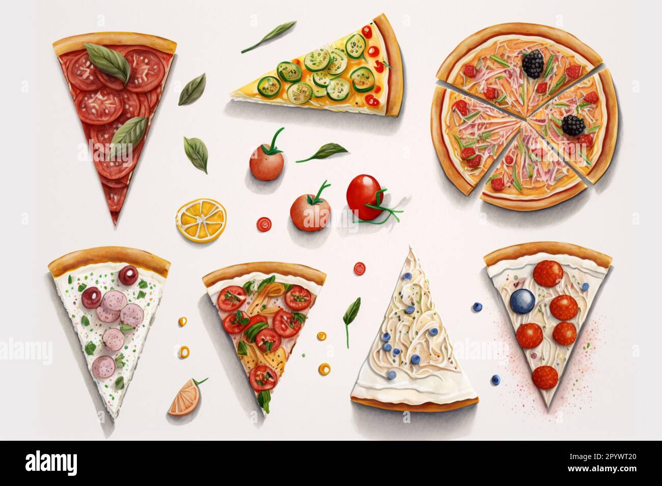 Pizza food dessert cake set drawings on white background Stock Photo ...