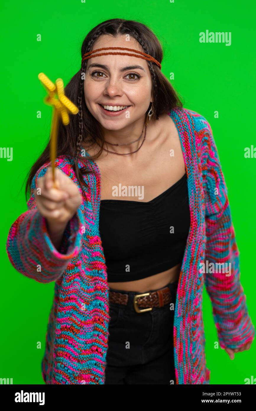 Magician witch wizard woman gesturing with magic wand fairy stick ...