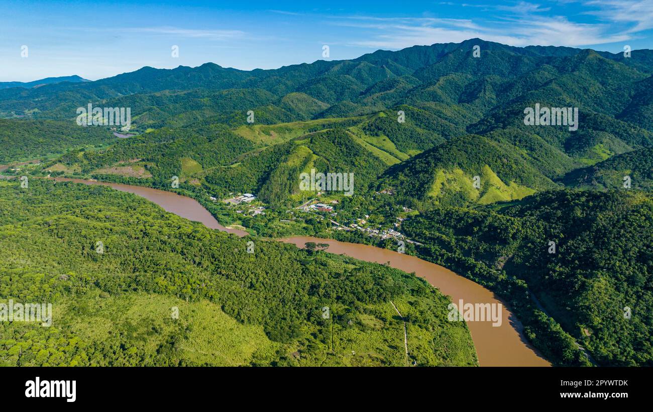 Aerial of the Iguape river, Unesco site Atlantic Forest South-East ...