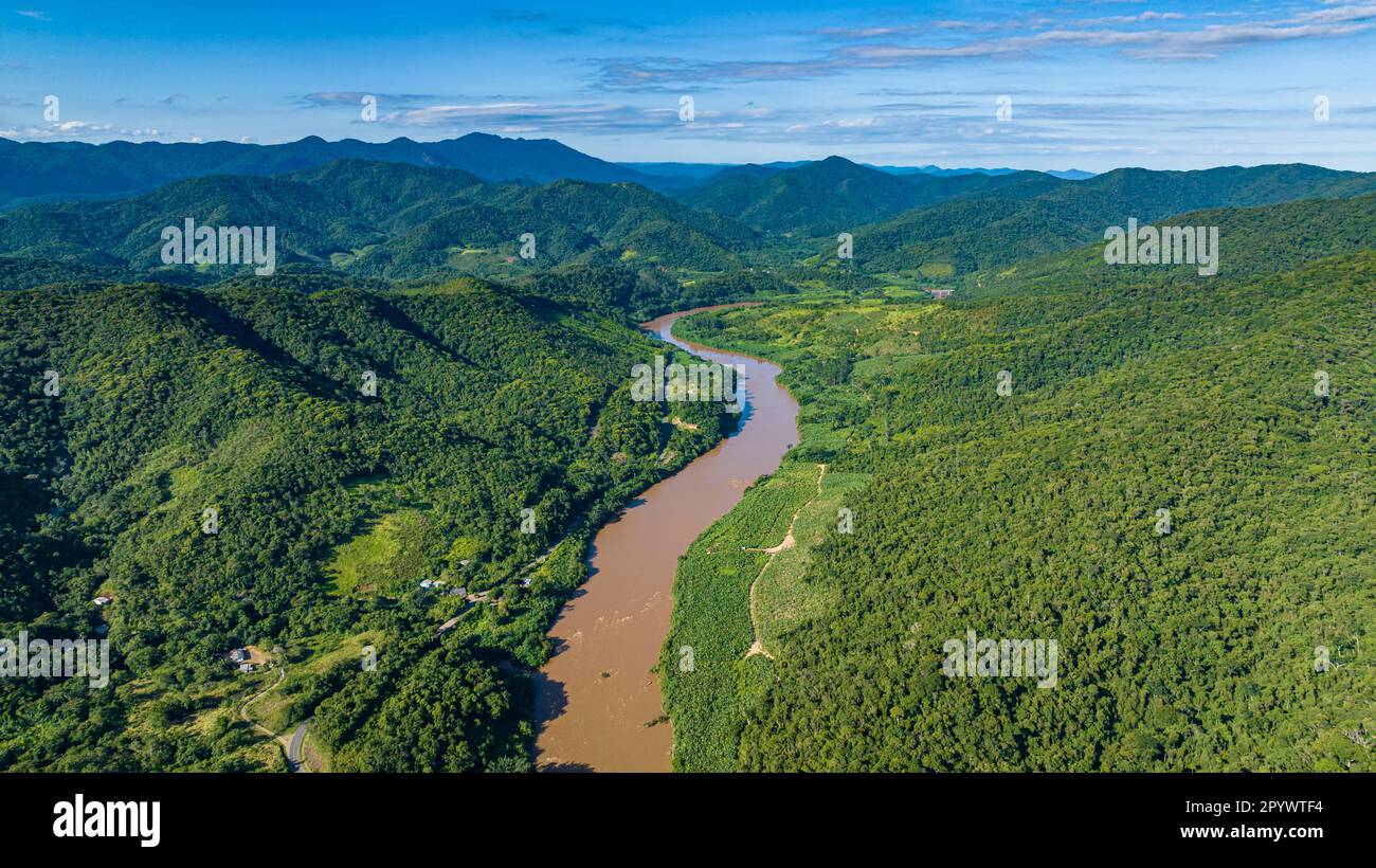 Aerial of the Iguape river, Unesco site Atlantic Forest South-East ...