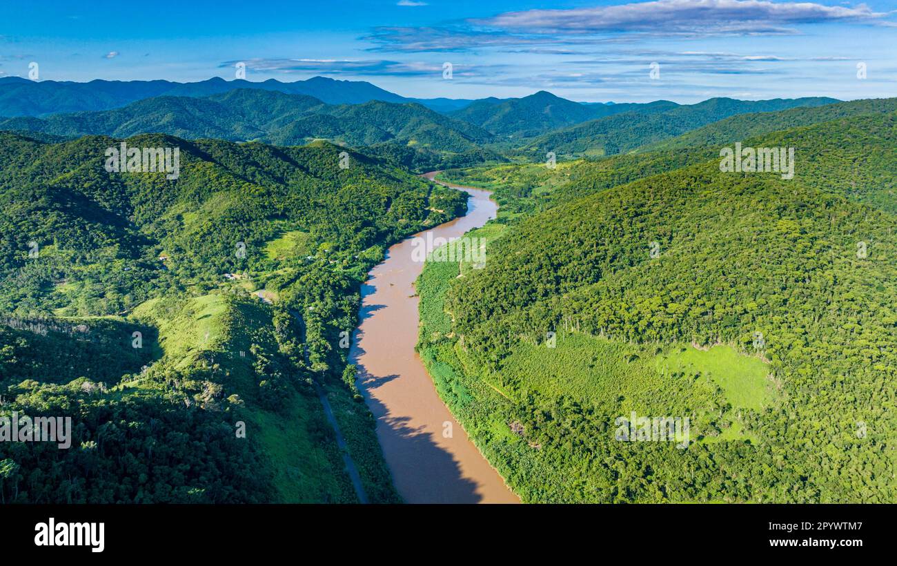 Aerial of the Iguape river, Unesco site Atlantic Forest South-East ...